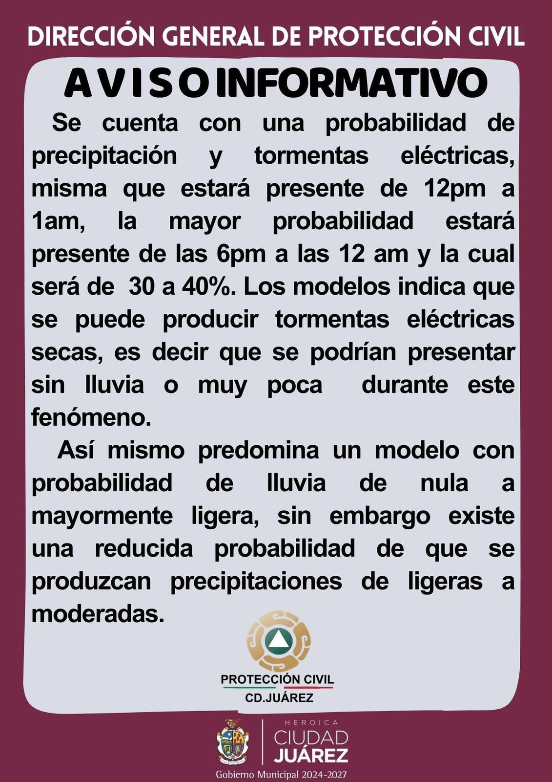 Alertan por tormentas eléctricas para hoy - Juárez Digital